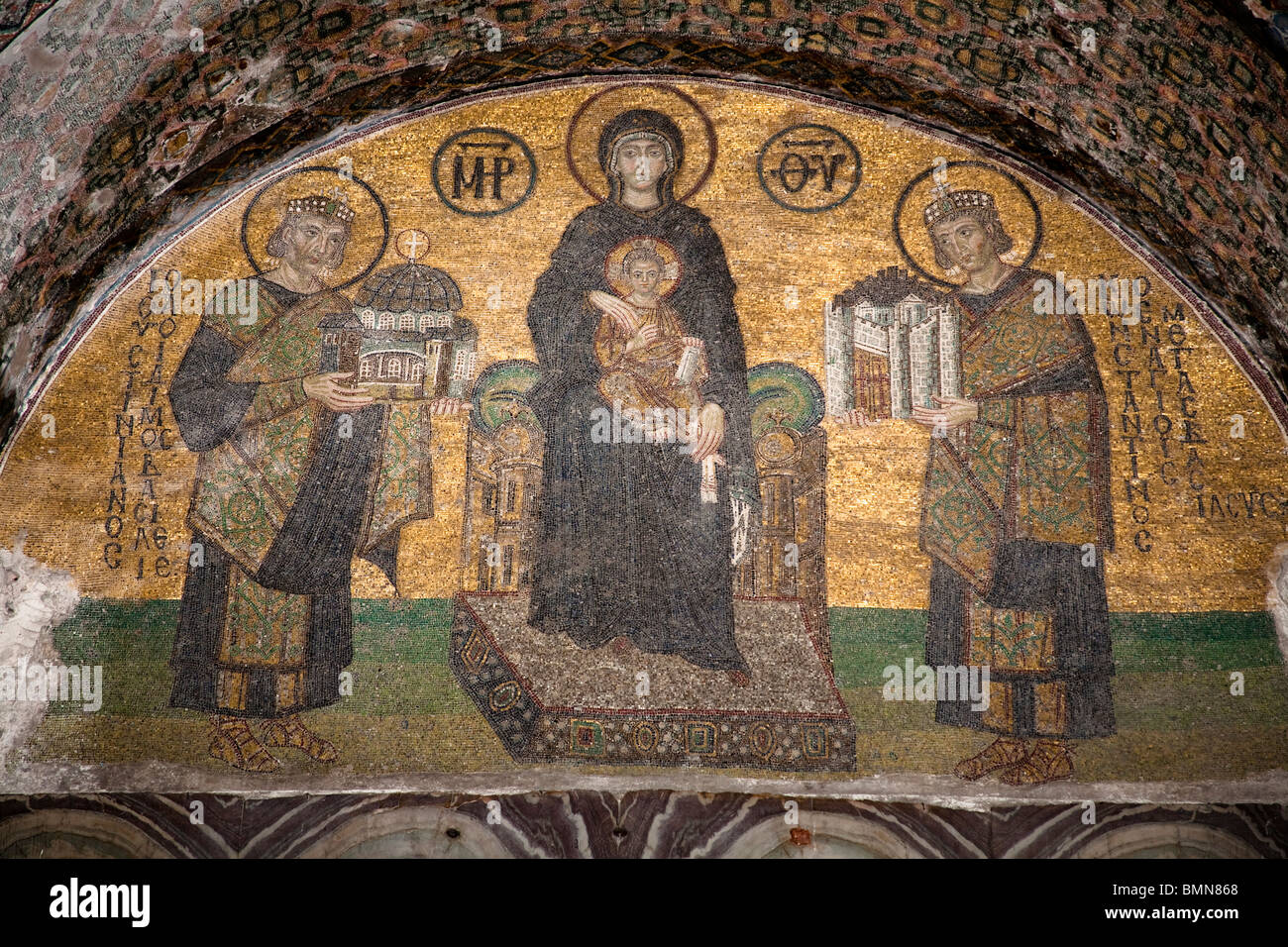 Mosaic of the Virgin Mary, Jesus Christ, Constantine I and Justinian I ...