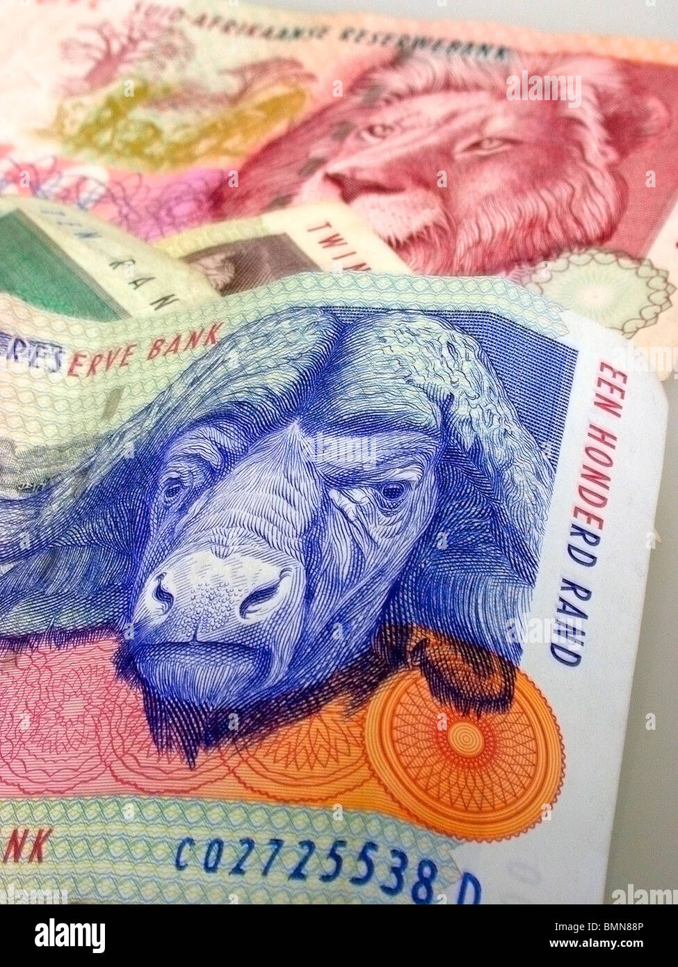 A collection of ten, twenty, fifty and one hundred South African Rand ...