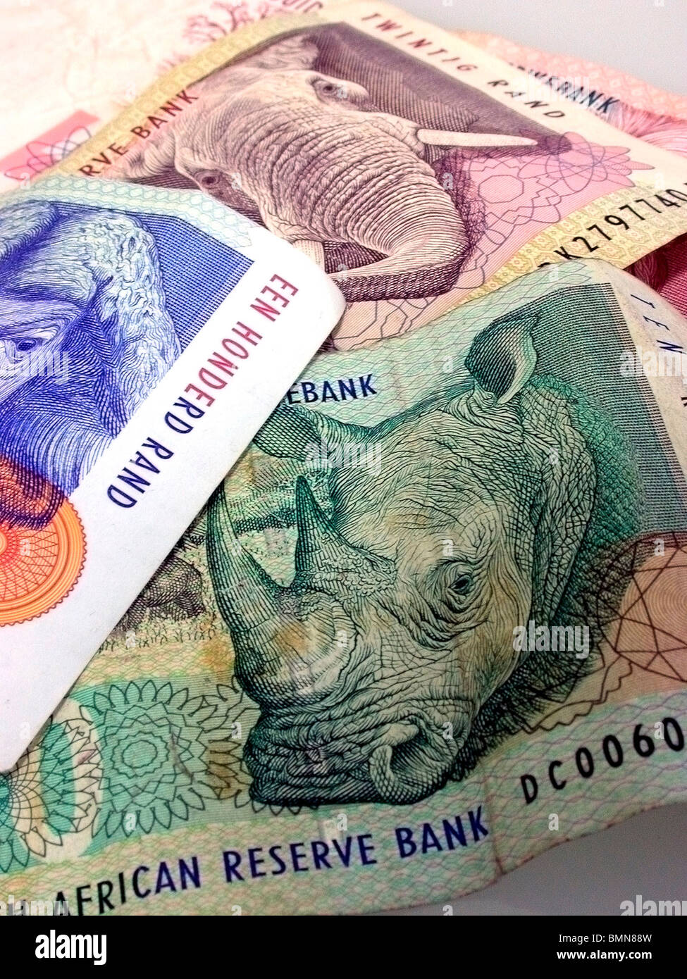 A collection of ten, twenty, fifty and one hundred South African Rand ...