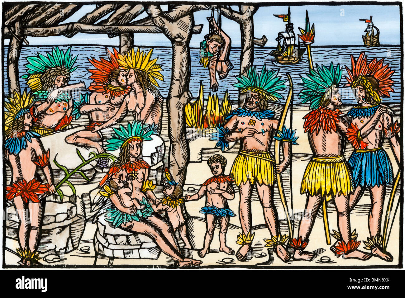 Natives eating and cooking human flesh, northern Brazil, circa 1500 ...