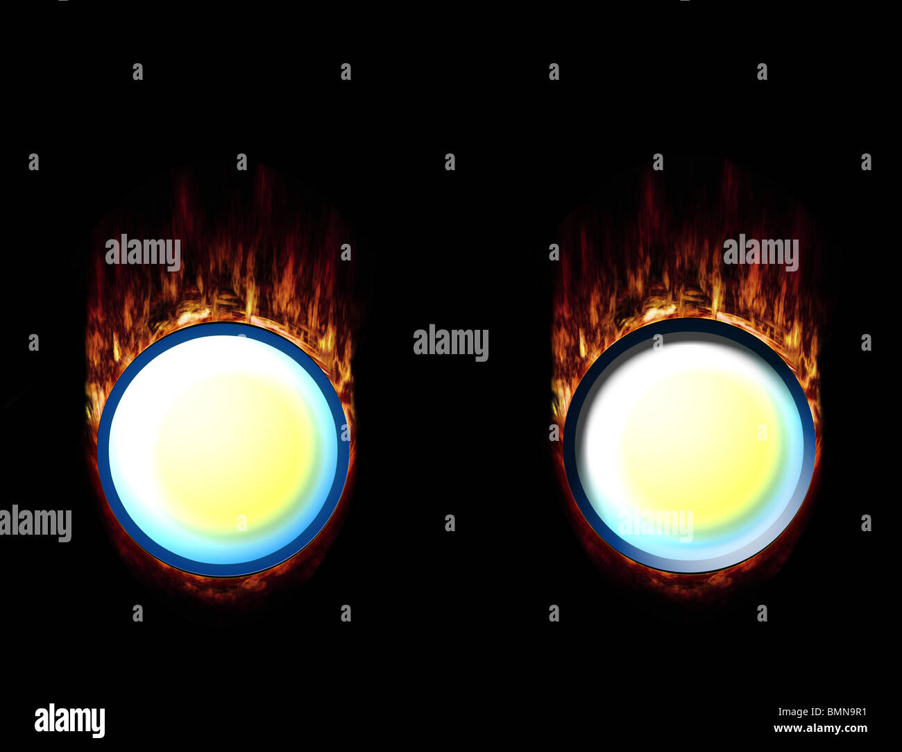 Two burning buttons with high-resolution flames Stock Photo - Alamy