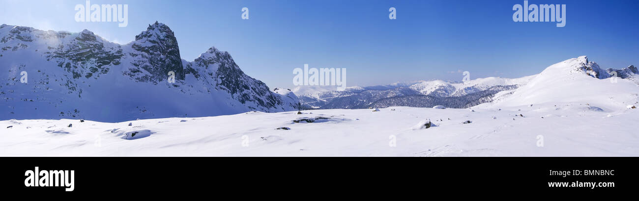 Winter panorama of Western Sayan Mountains. Siberia. Russia Stock Photo ...