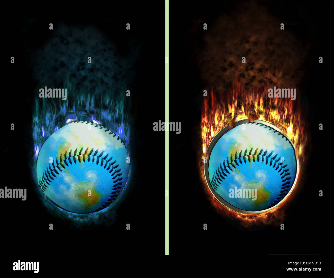 Baseball world burning with ice and fire flames, e.g. as button Stock ...