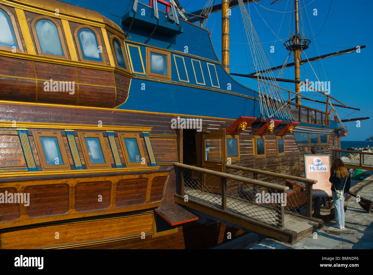 Mr Baba restaurant boat at beach Varna Black Sea coast Bulgaria Europe ...