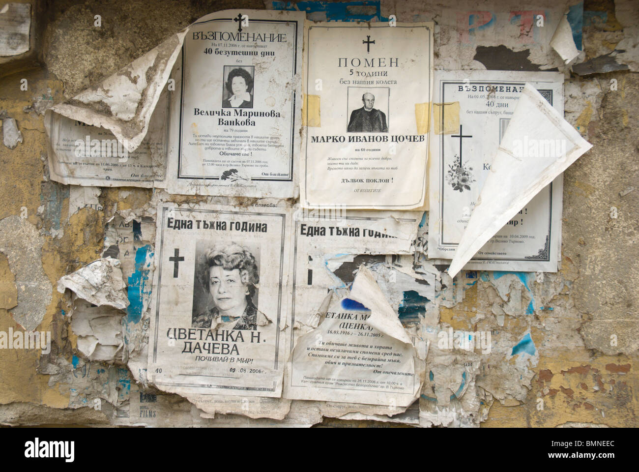 Orthodox death notices attached on wall Veliko Tarnovo central Bulgaria ...