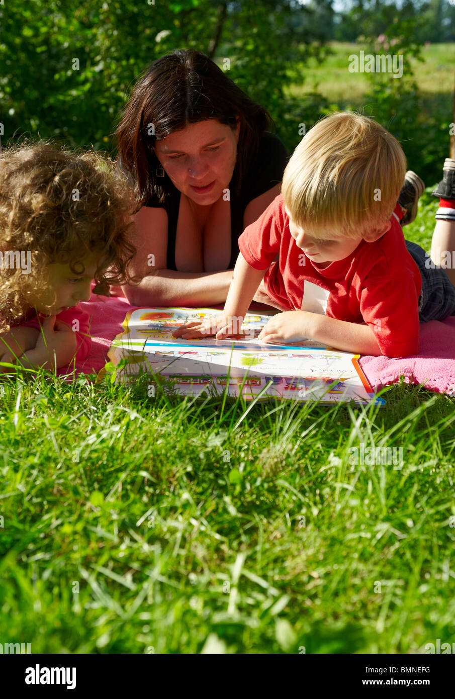 Mother and children reading book on lawn outside Stock Photo - Alamy