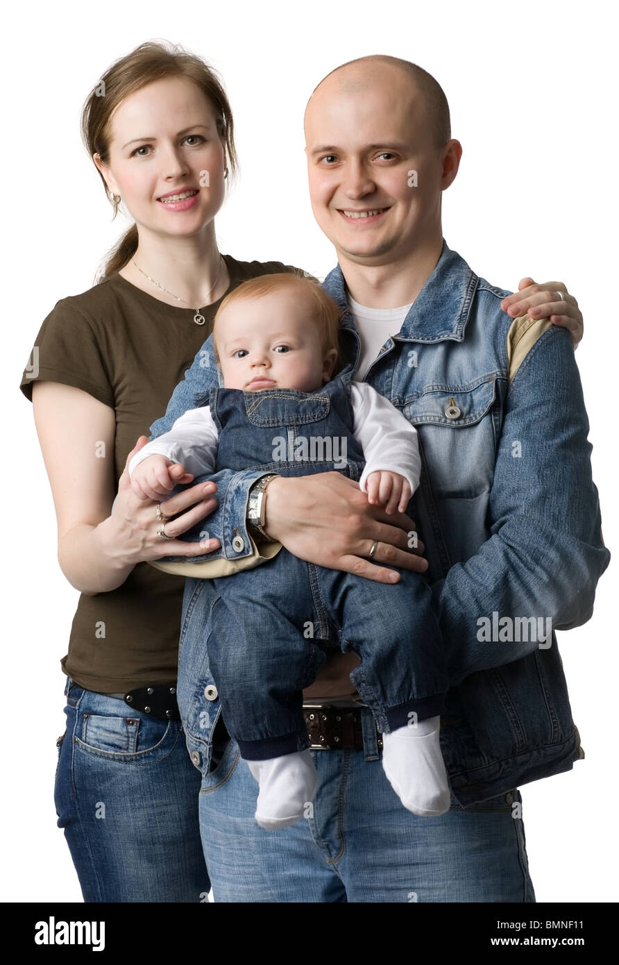 Happy smiling parents with baby, isolated on white Stock Photo - Alamy
