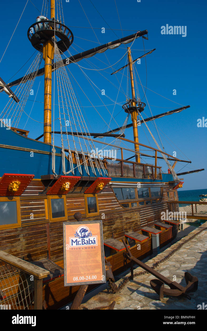 Mr Baba restaurant boat at beach Varna Black Sea coast Bulgaria Europe ...