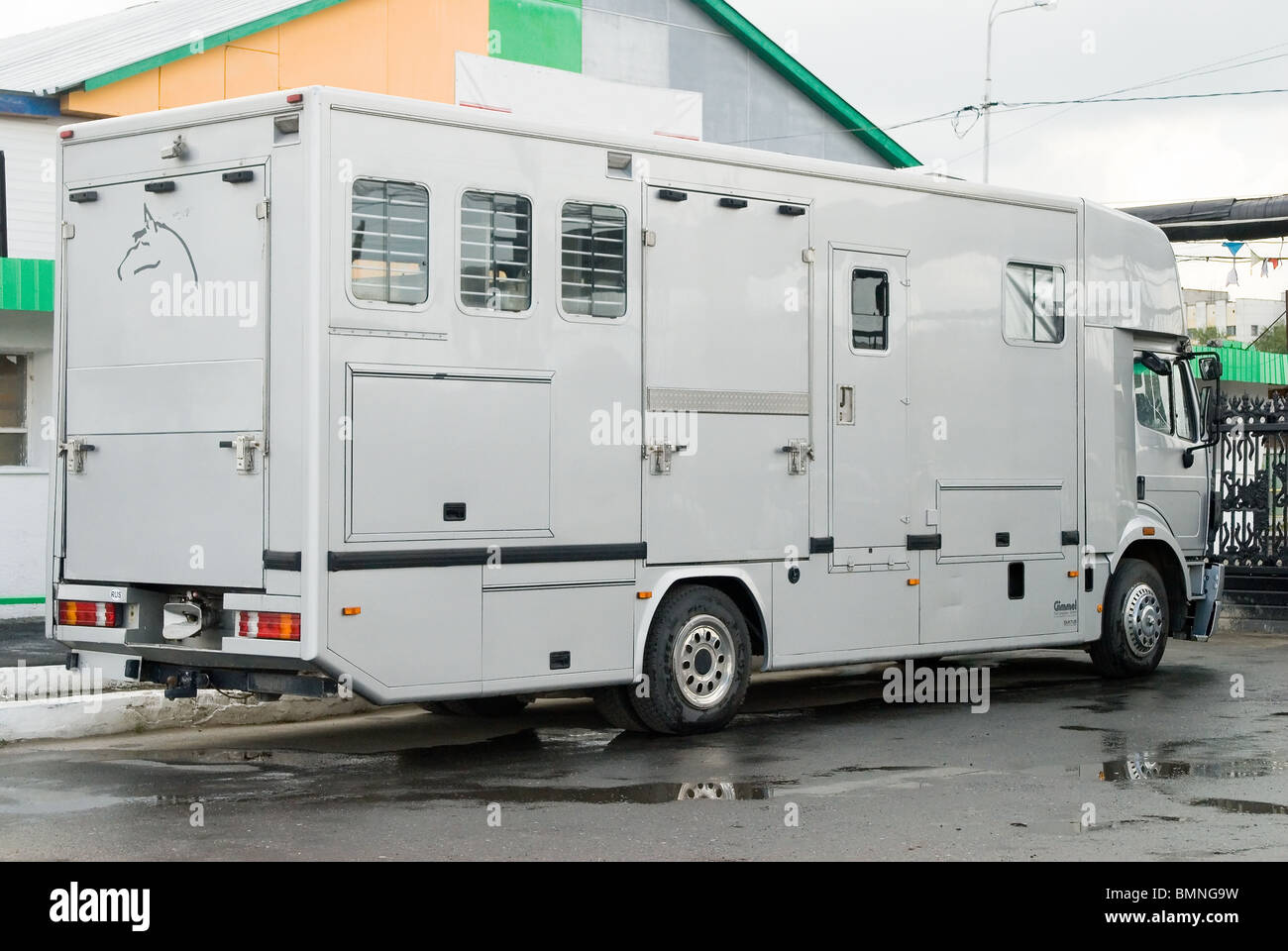 Horse van for transportation at hippodrome Stock Photo - Alamy
