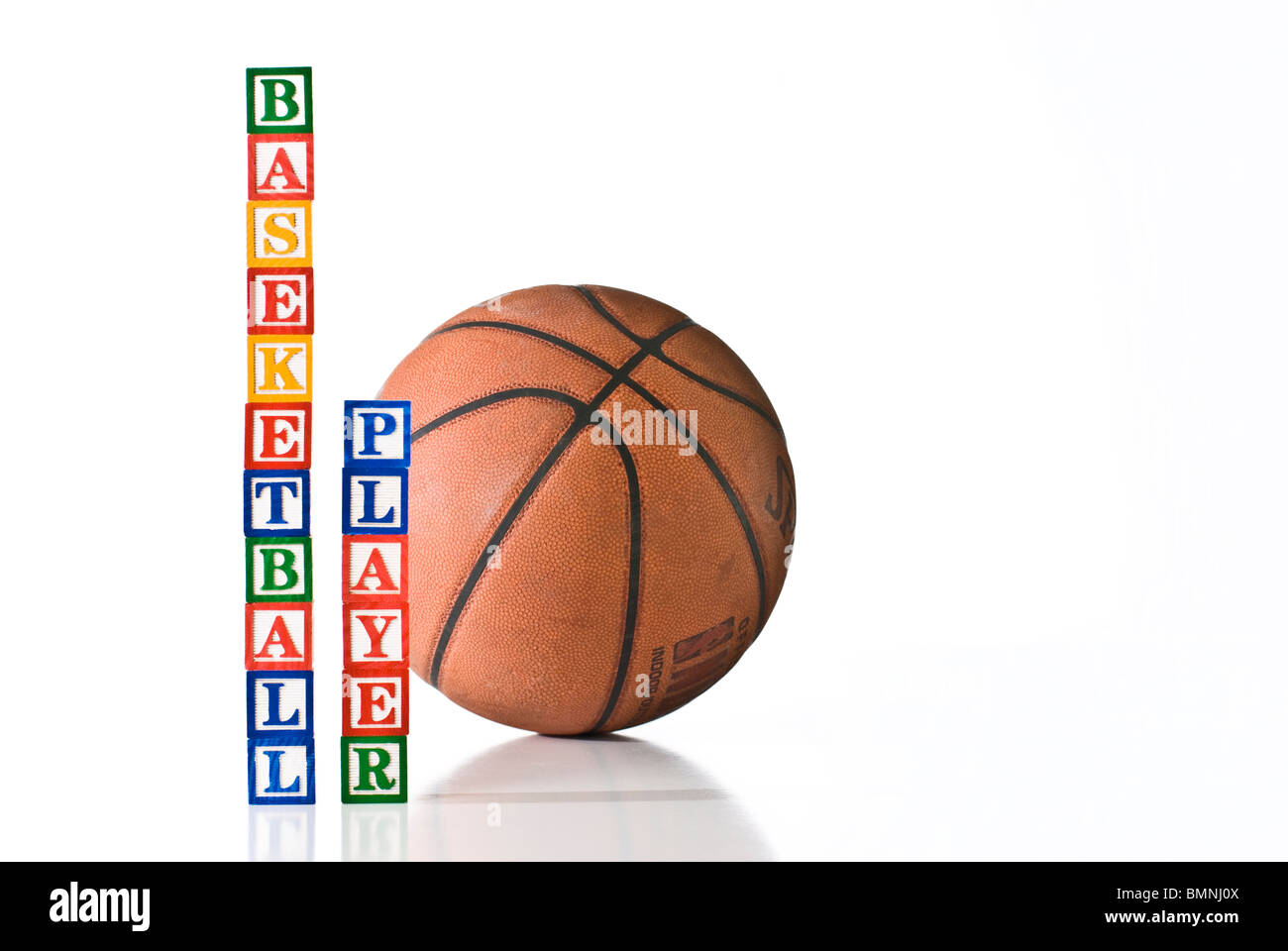 Colorful children's blocks spelling BASKETBALL PLAYER with a basketball ...