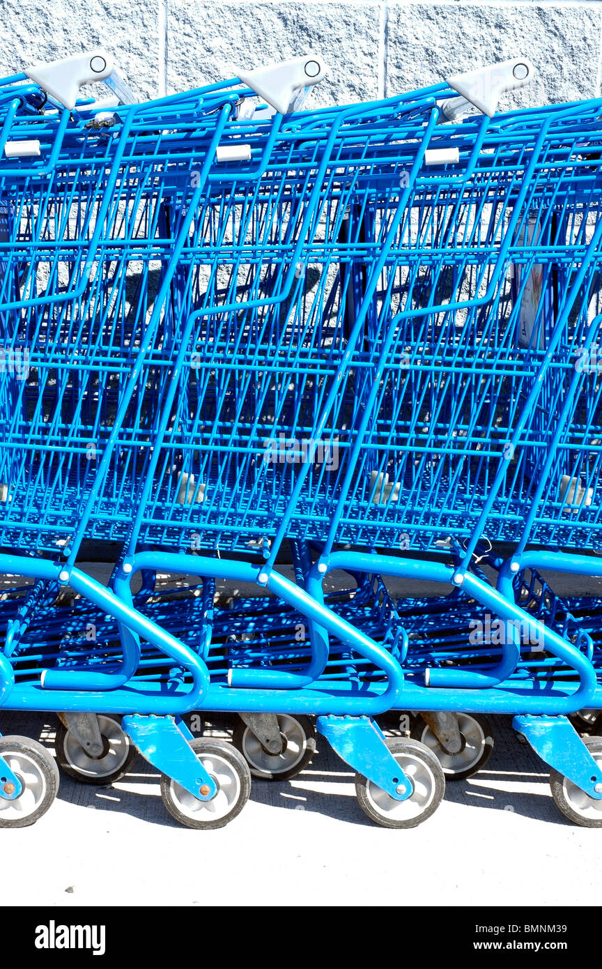 Blue Shopping Carts Lined Up Outside A Grocery Superstore Stock Photo ...
