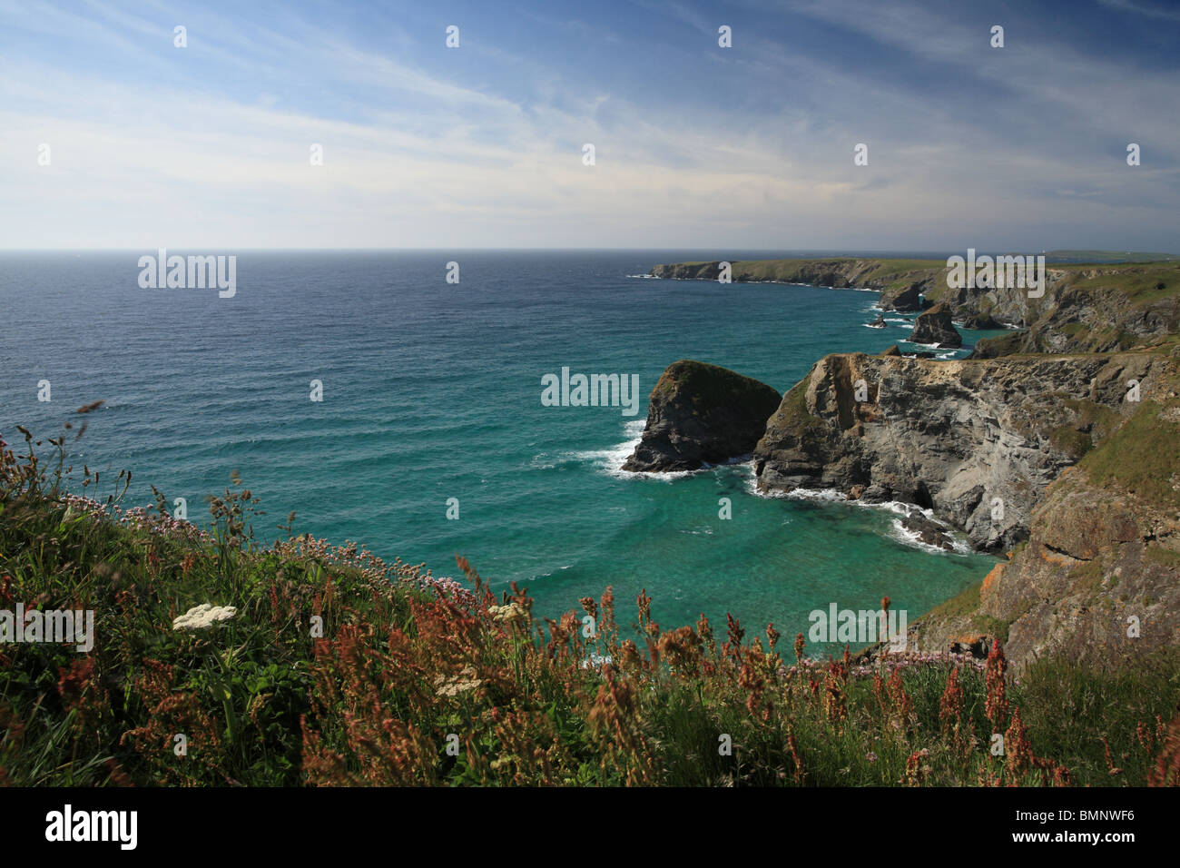 Bedruthan Steps, summer high tide, North Cornwall, England, UK Stock ...