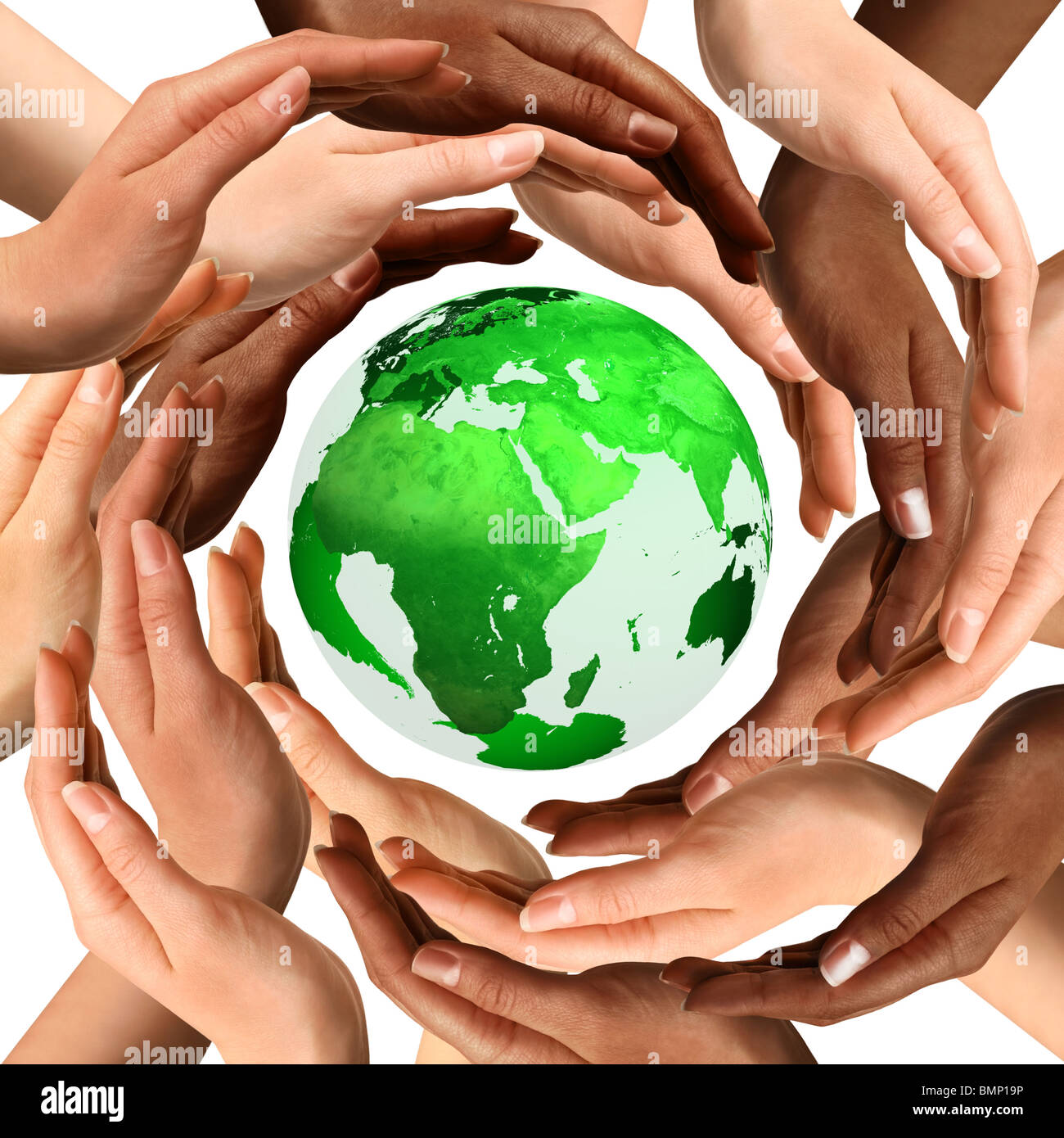 Conceptual symbol of a green Earth globe with multiracial human hands ...