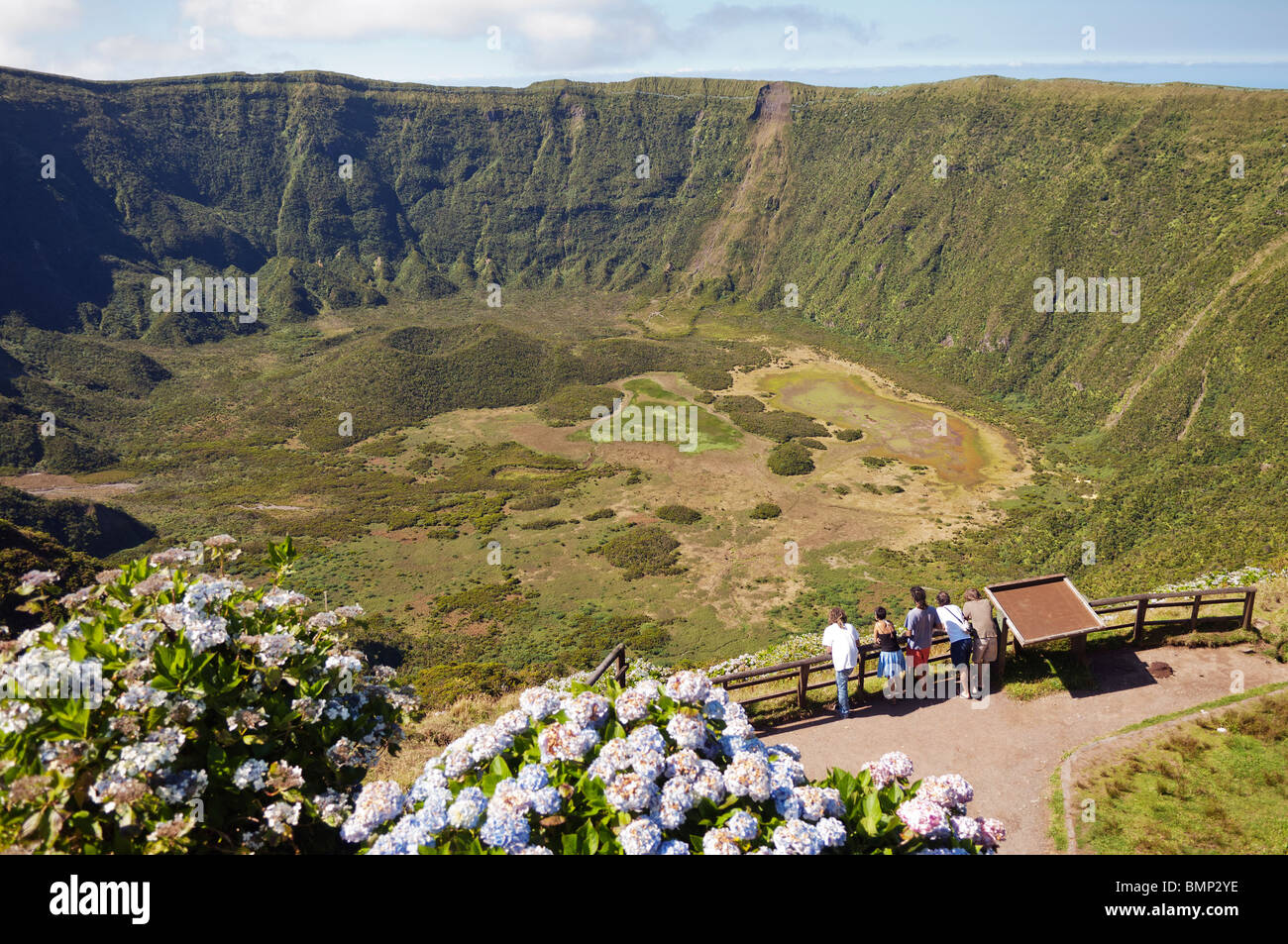 Tourists admiring Caldeira extinct volcano in Faial island, Azores ...
