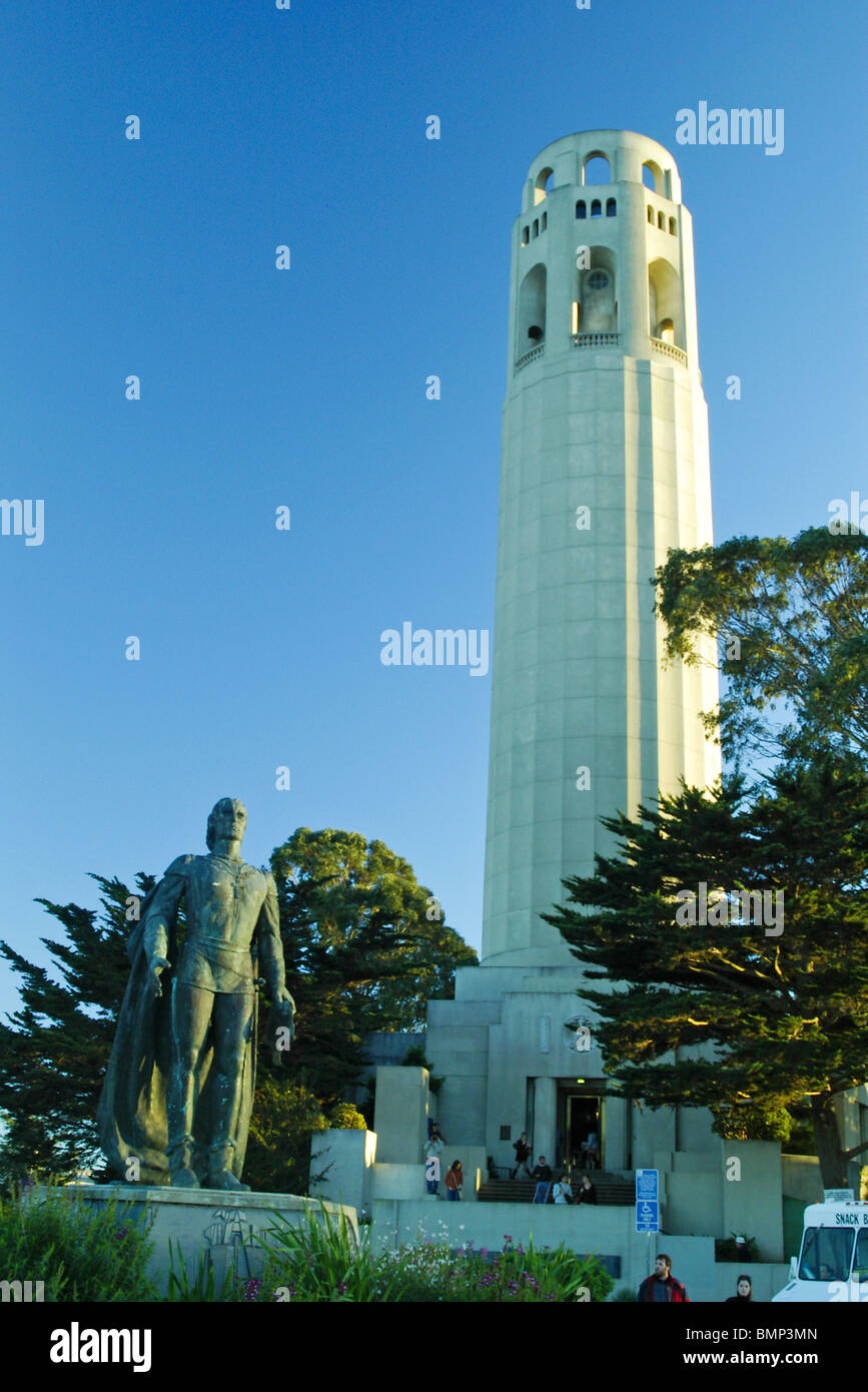 Coit Tower and statue of Columbus atop Telegraph Hill Road Stock Photo ...