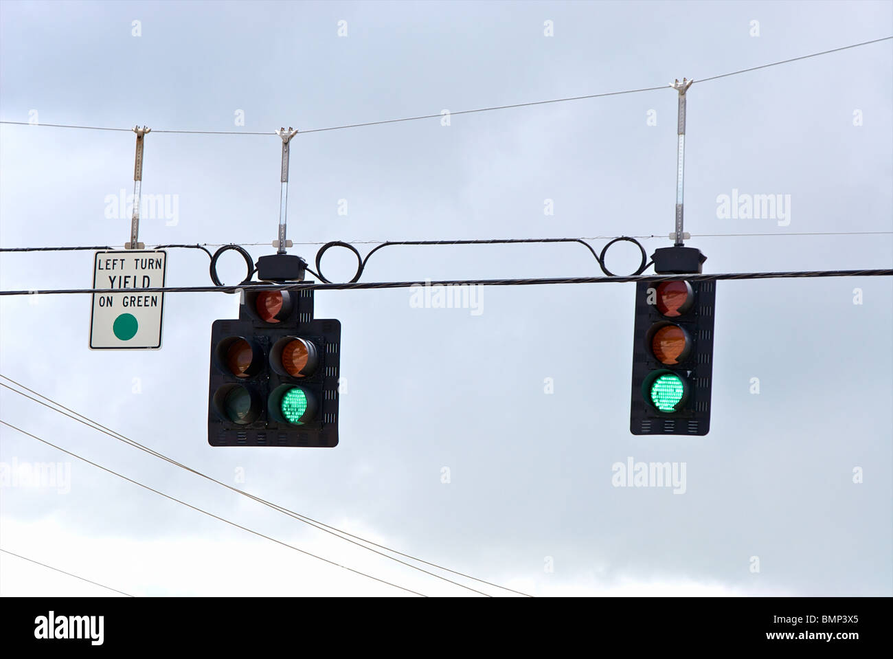 Traffic stoplights suspended over road, the signal is green and means ...