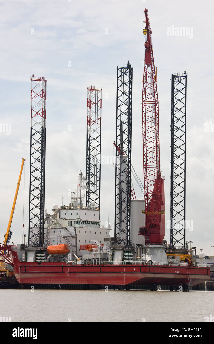 Wind farm construction barge in harbour Stock Photo - Alamy