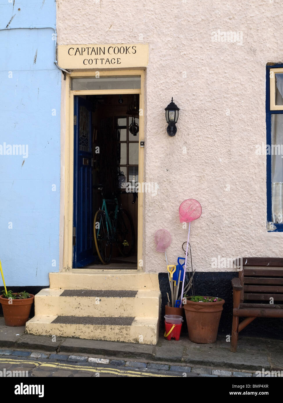 The doorway of Captain Cook's Cottage in Staithes North Yorkshire now a ...