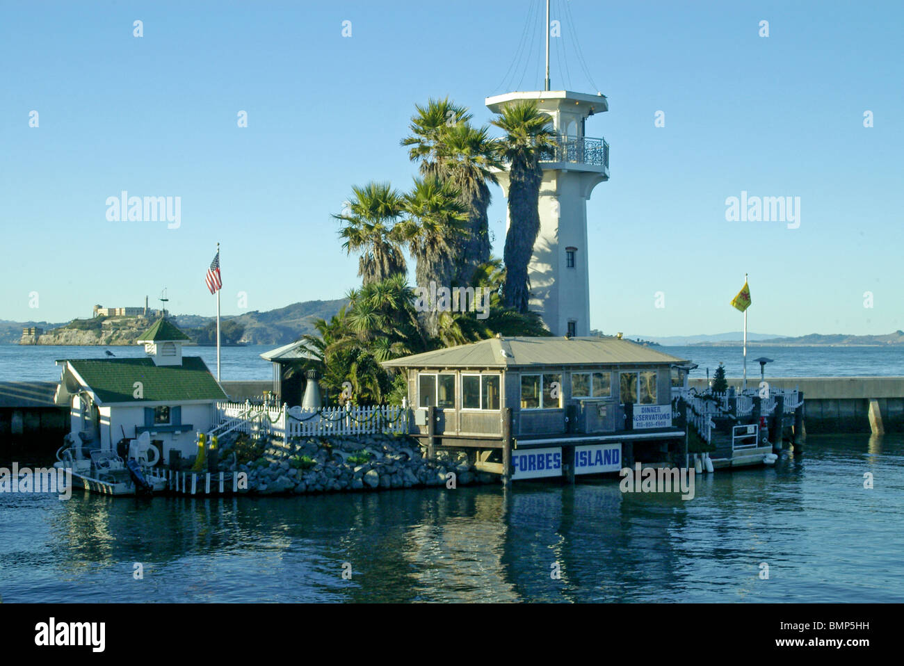 Forbes Island, floating island moored between Pier 39 and 41 Stock ...