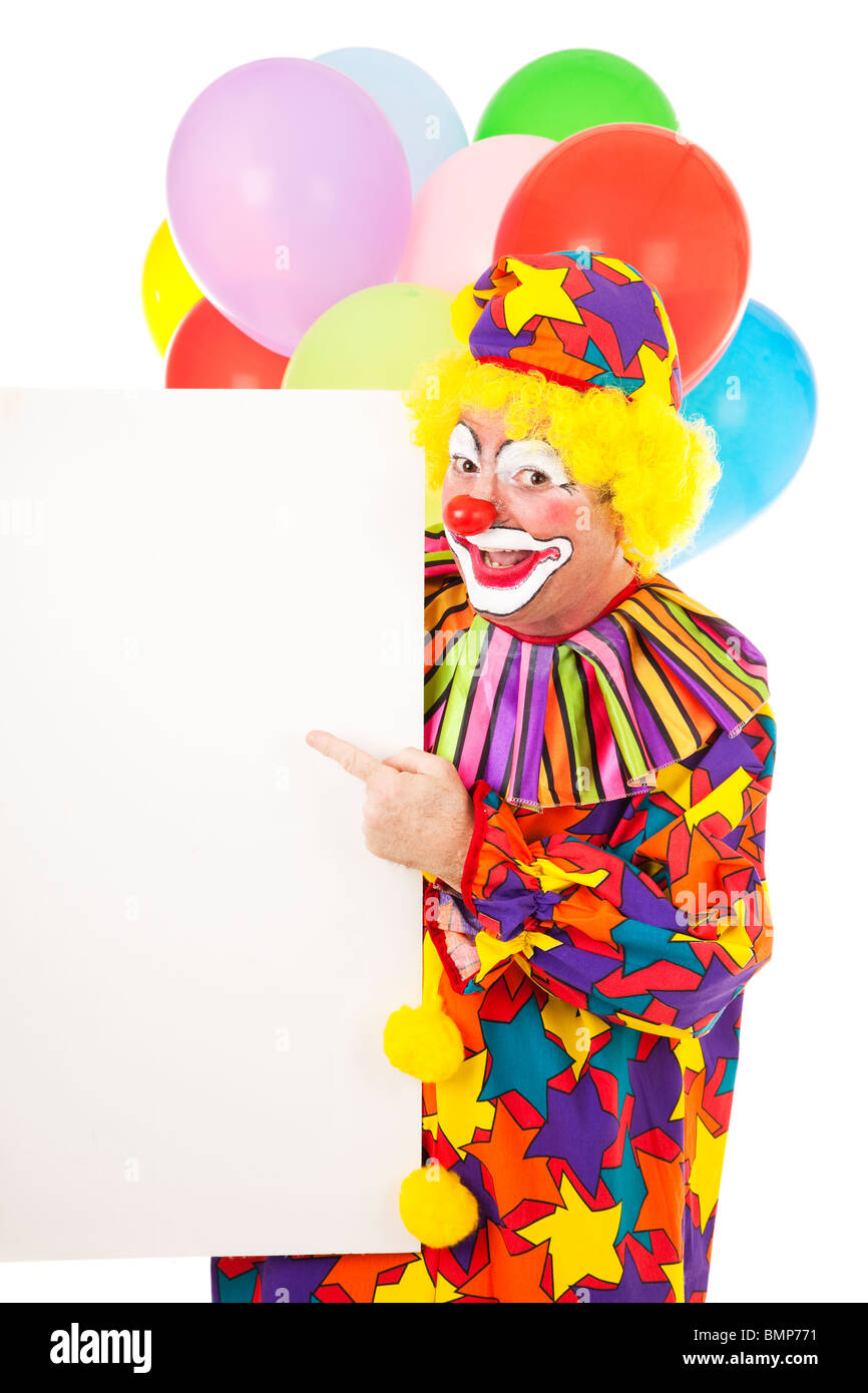 Happy circus clown pointing to a blank sign, ready for your text ...