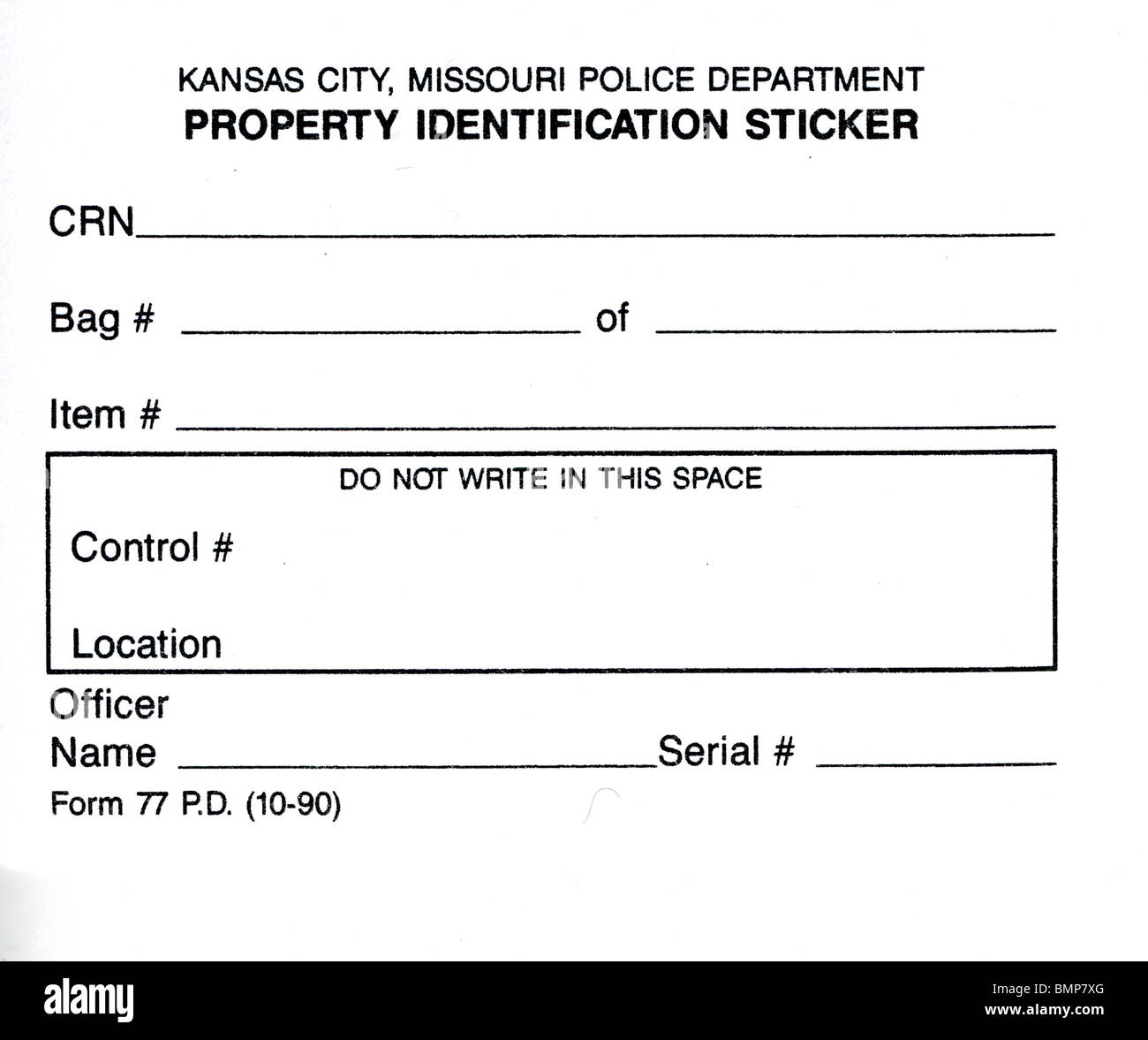 Kansas City, MO, Police Department Property Identification sticker ...