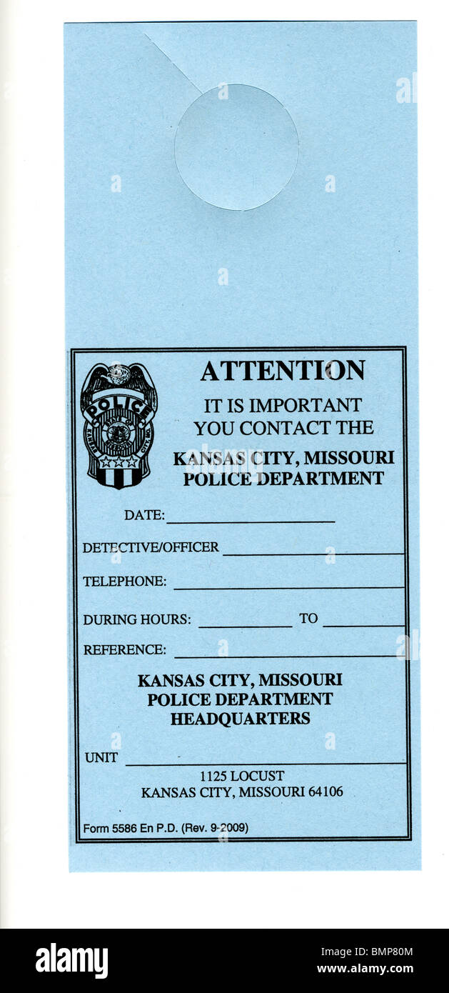 Door hanger used by police when they want to talk to an individual ...