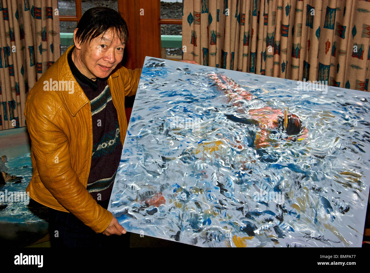 Artist Raymond Chow showing his oil painting at Painters at Painter's ...