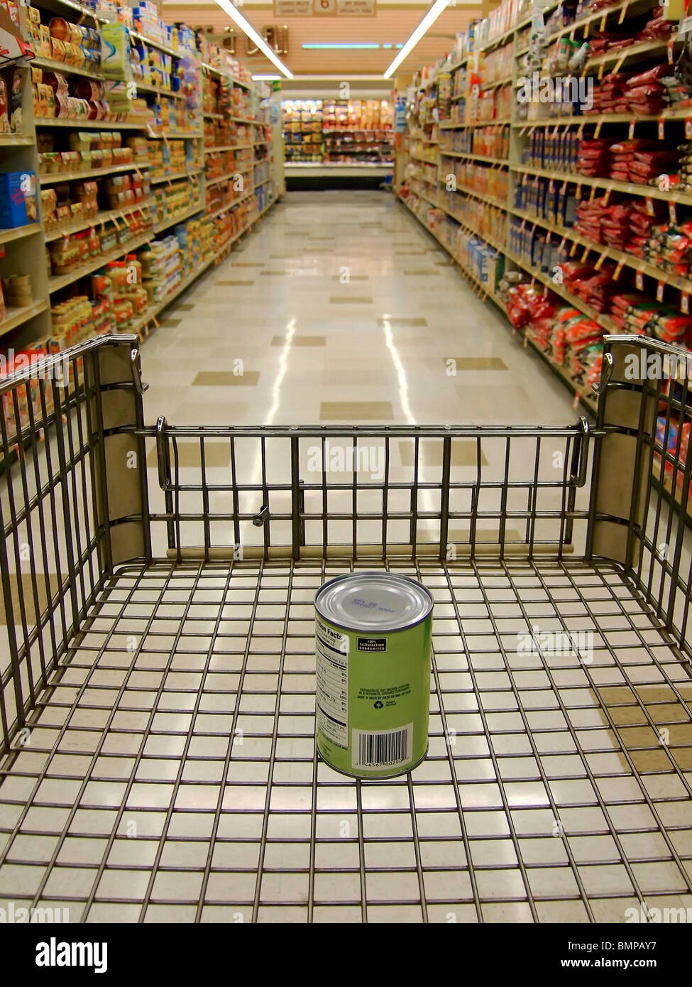 Close up of a grocery shopping cart with one can of goods in the cart ...