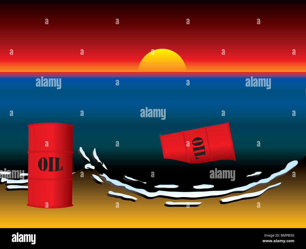 Tropical beach with sunset and oil slick and barrels Stock Photo - Alamy