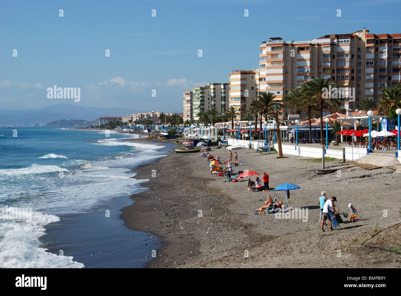 Holidaymakers on the beach, Torrox Costa, Costa del Sol, Malaga ...