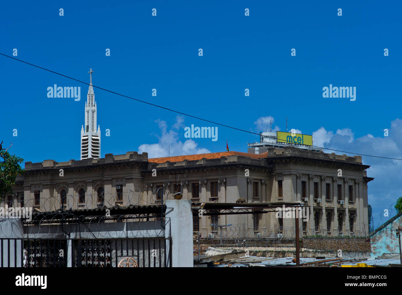 The tower of the Cathedral behind he City Hall in Maputo, Mozambique ...