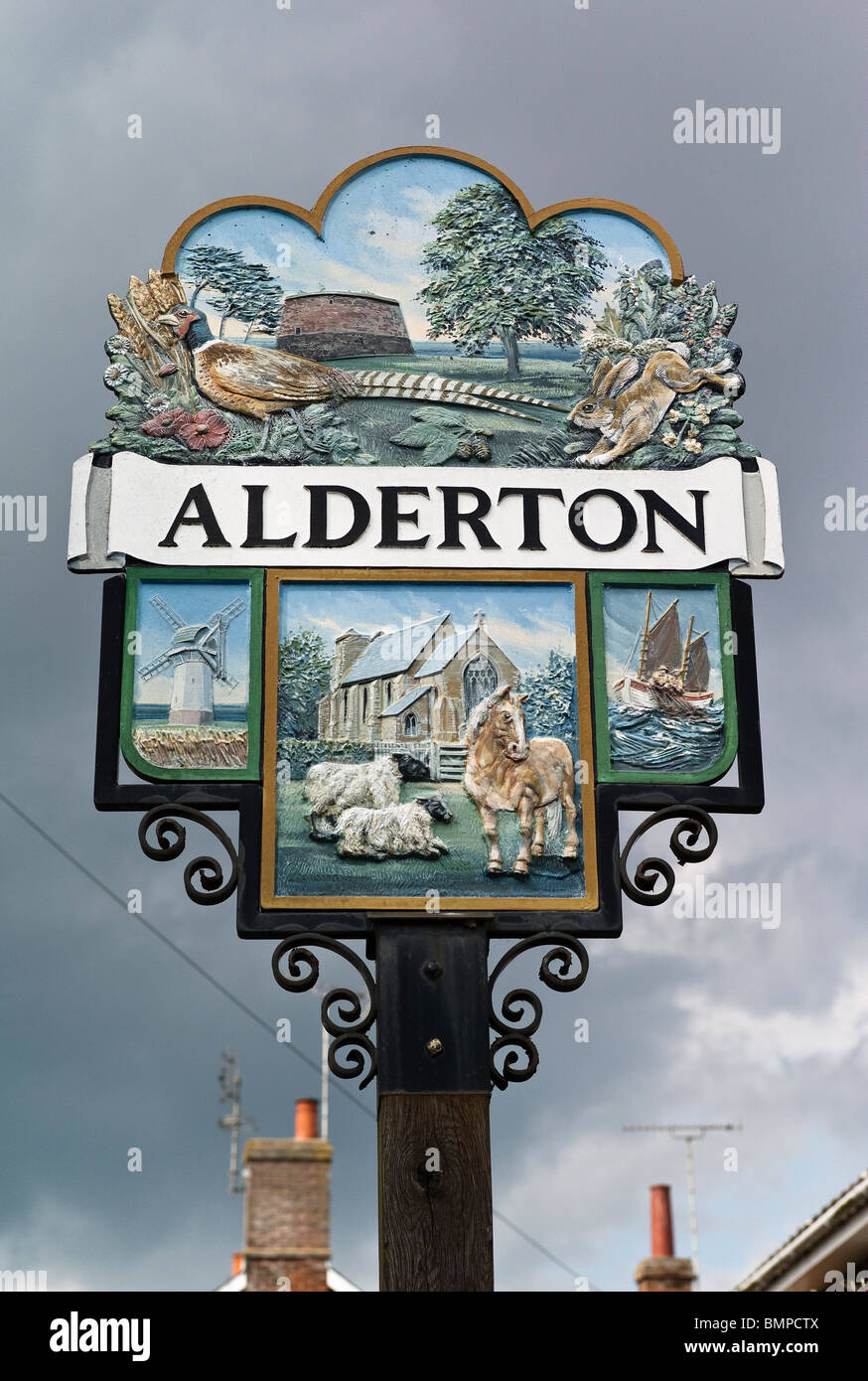 Painted village sign in Alderton Suffolk UK Stock Photo - Alamy