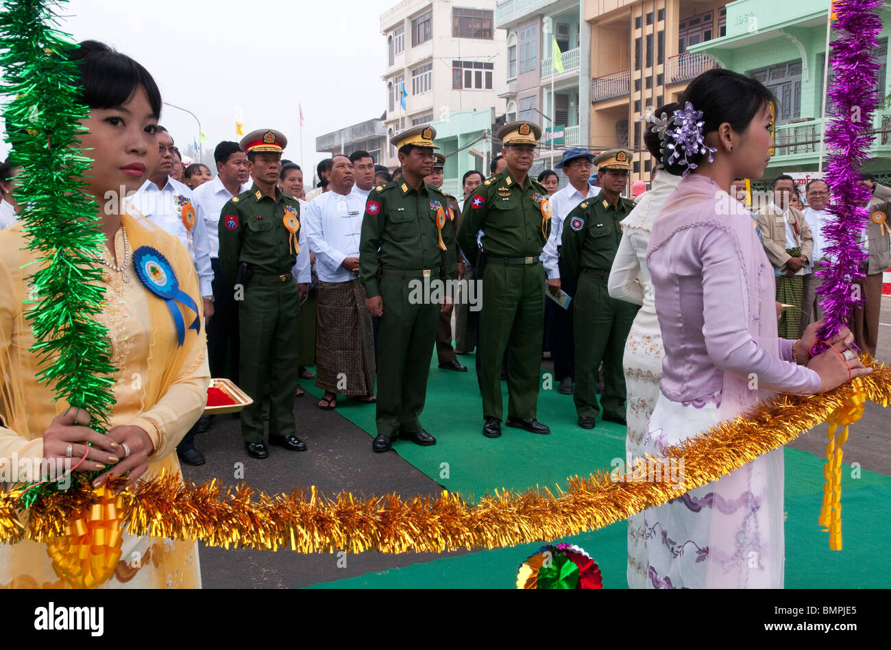 Myanmar. Burma. Bago. Inauguration of bridge enlargement for Army Day ...