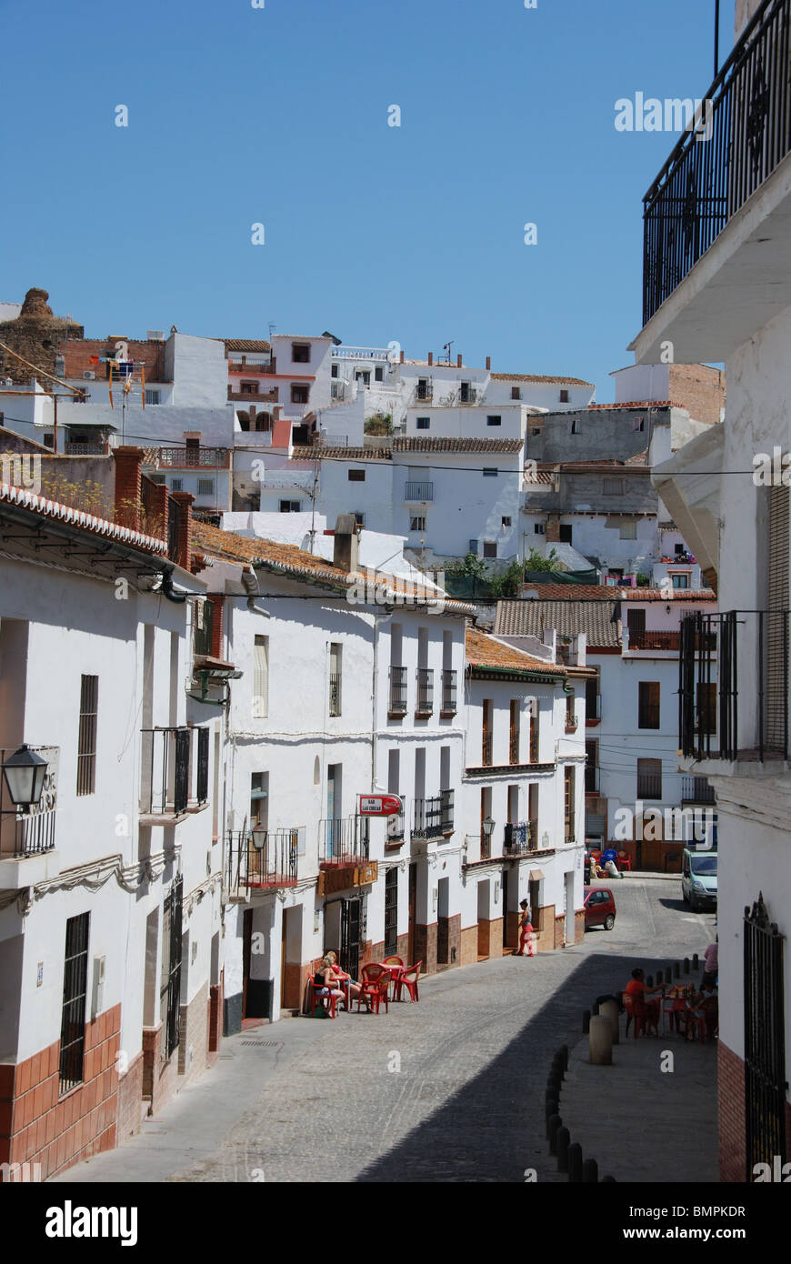 Typical street with pavement cafe, Alora, Malaga Province, Andalucia ...