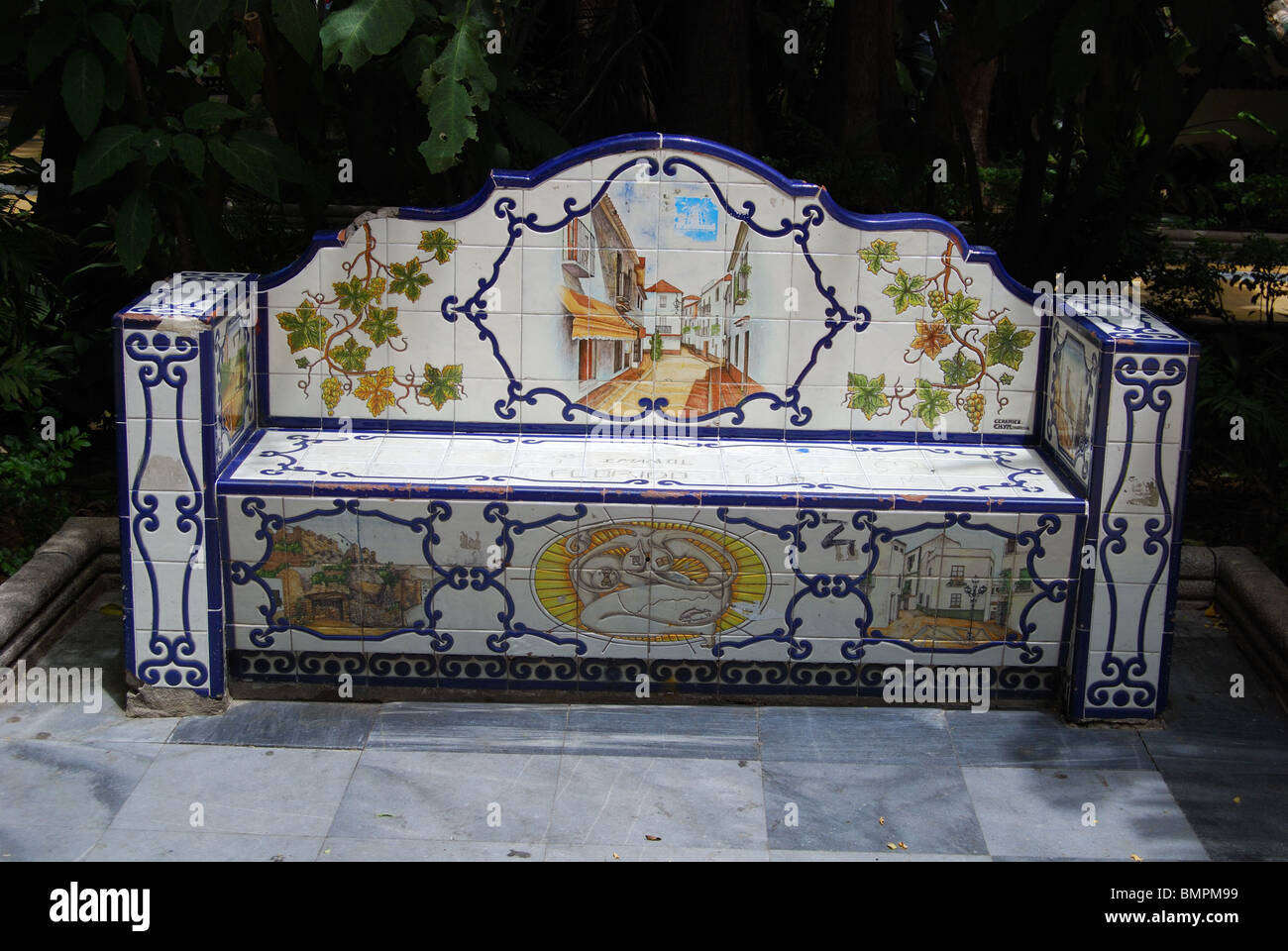 Tiled park bench depicting Spanish buildings in the Park Alameda ...