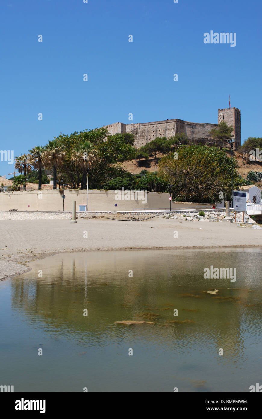 Sohail castle seen from the beach, Fuengirola, Costa del Sol, Malaga ...