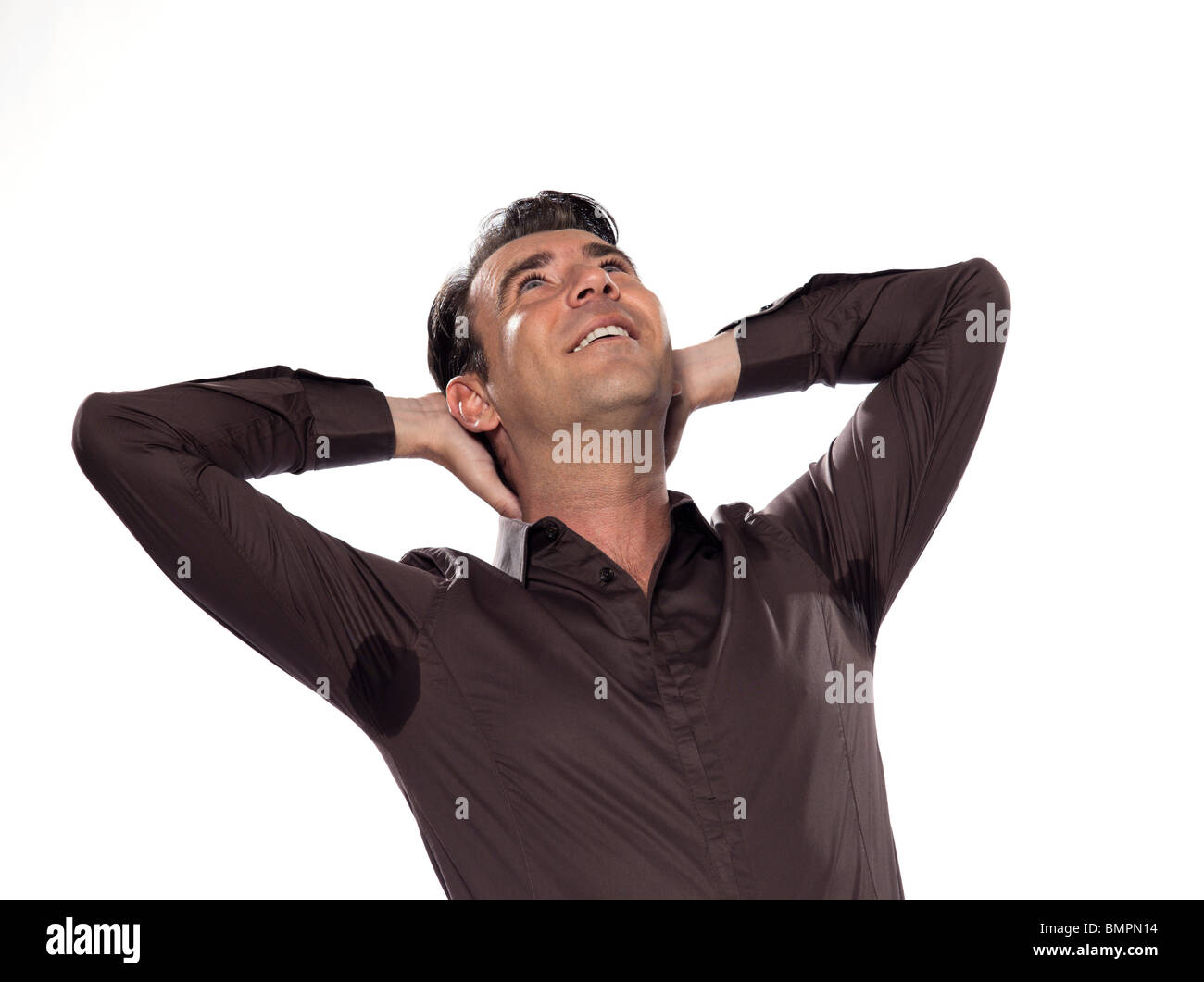 man sweating stain relaxed isolated studio on white background Stock ...