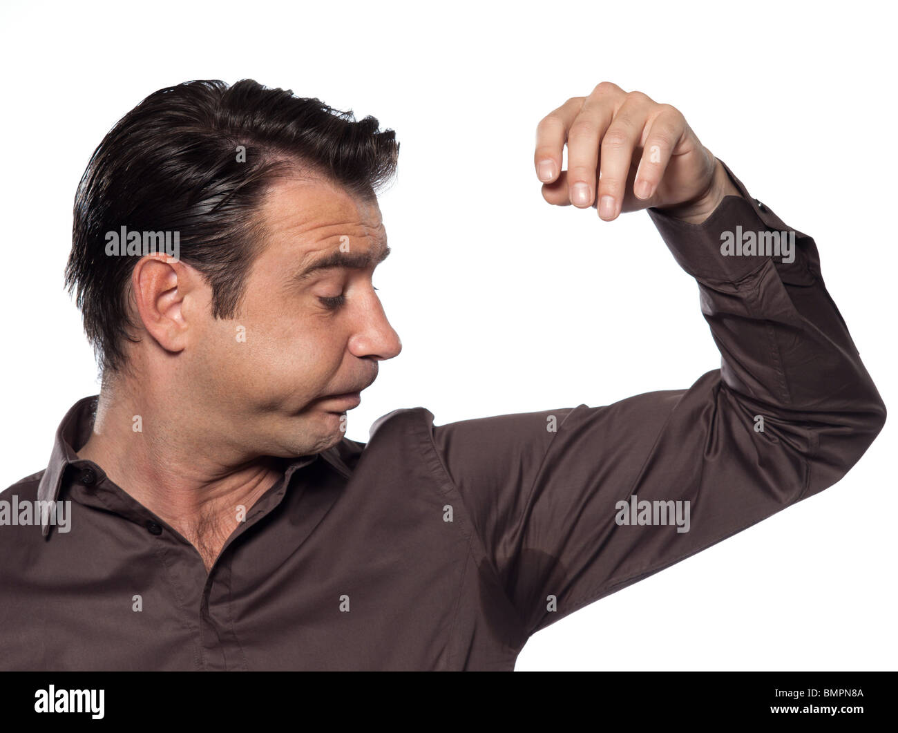 man perspiring sweat stain displeased isolated studio on white ...