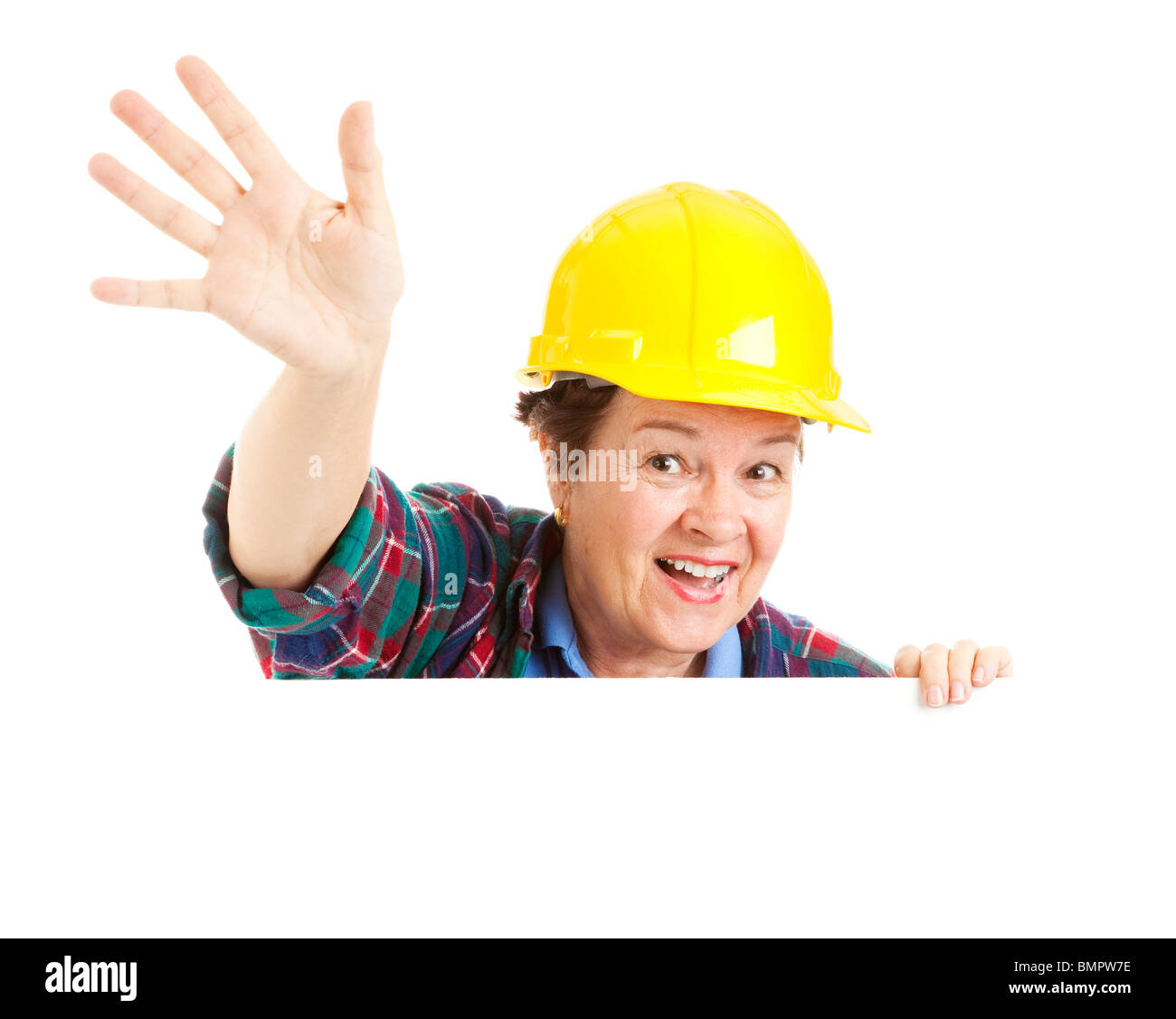 Female construction worker waving. Design element over blank white ...