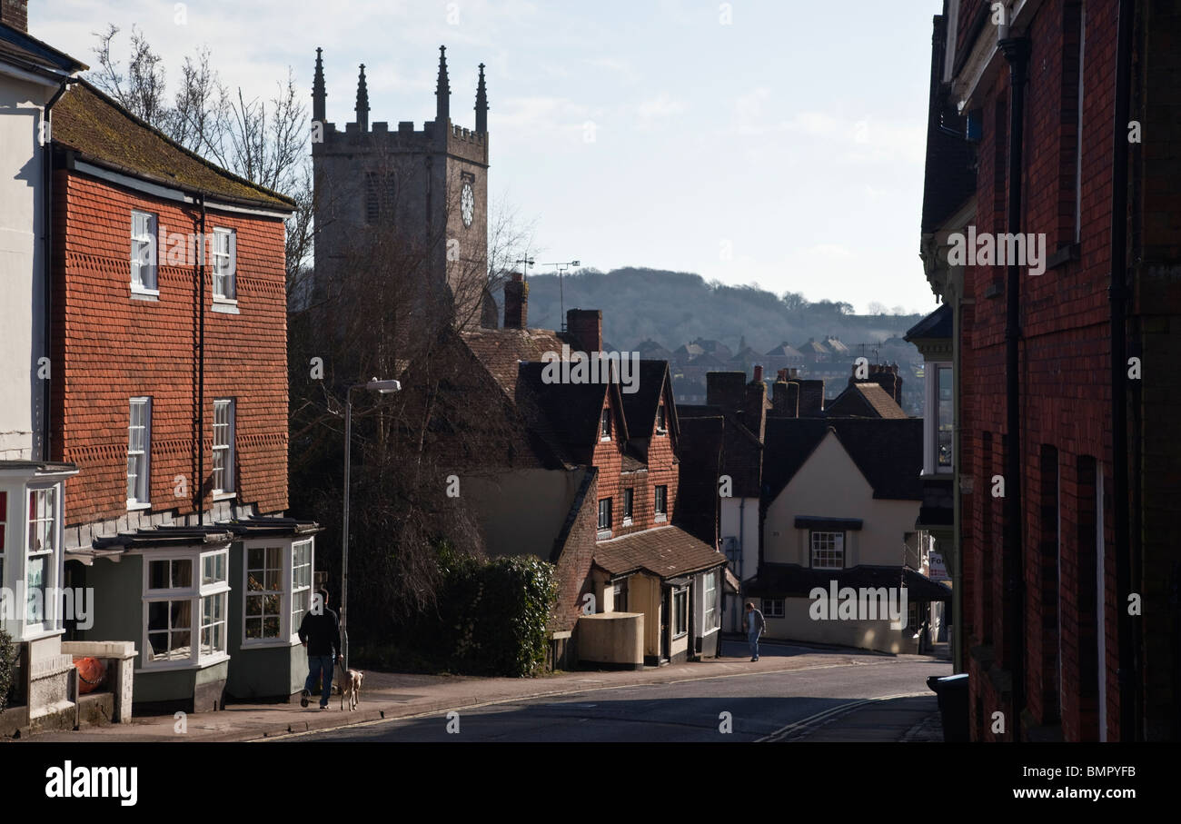 Brightly lit street in the market town of Marlborough in Wiltshire ...