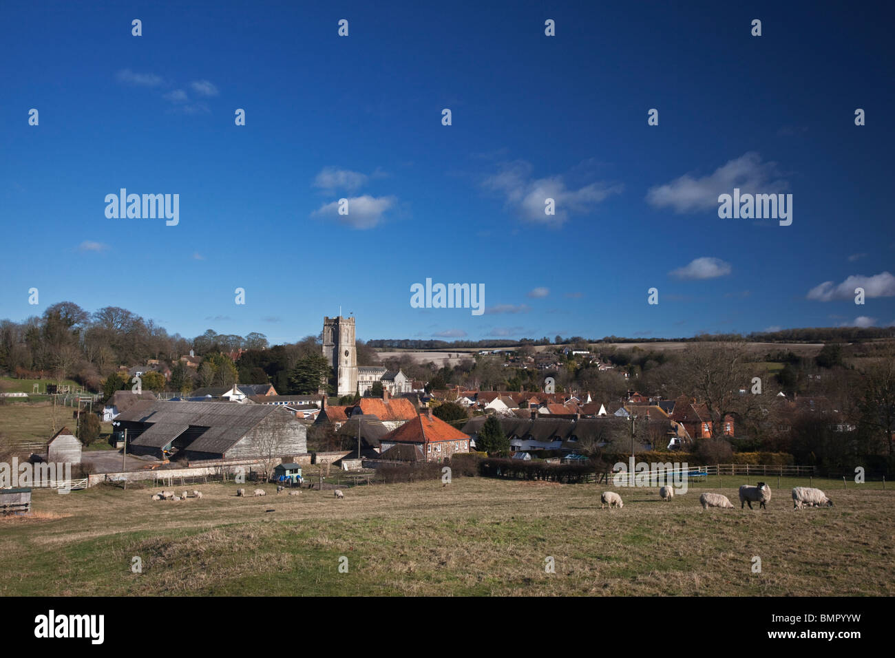 View across farmland to the village of Aldbourne and the parish church ...