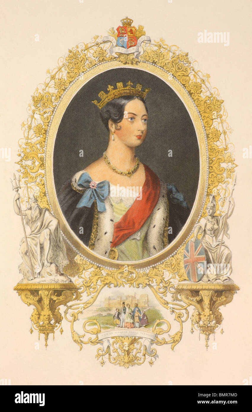 Queen Victoria (1819-1901) on hand colored engraving from the 1800s ...