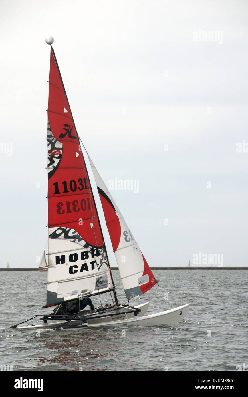 Hobie Cat catamaran with Breakwater in background, Plymouth, Devon, UK ...