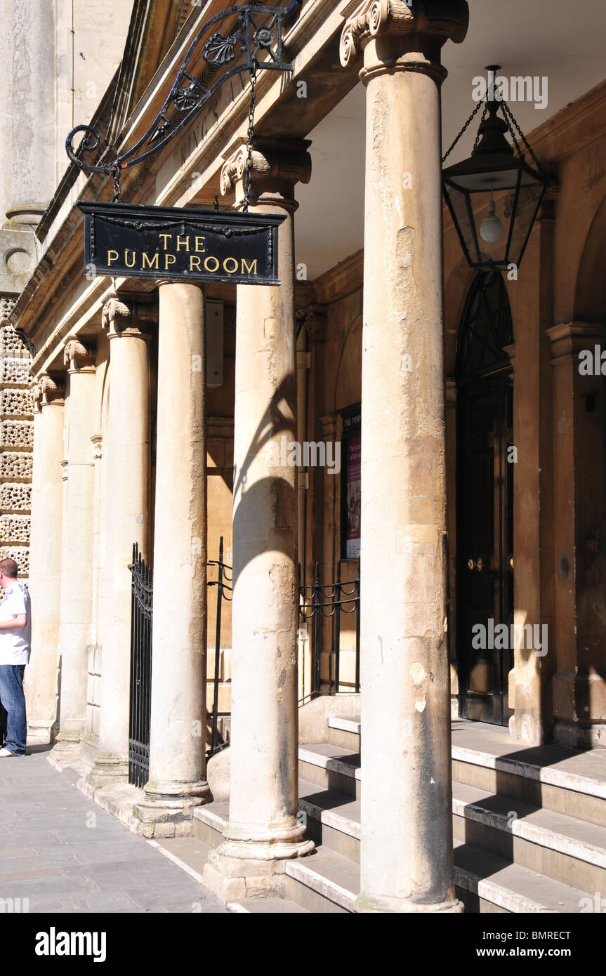 Entrance sign for The Pump Room, Bath, Somerset Stock Photo - Alamy