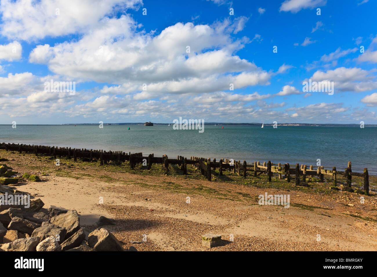 Sea Defences on the beach at Southsea with a view across the Solent to ...