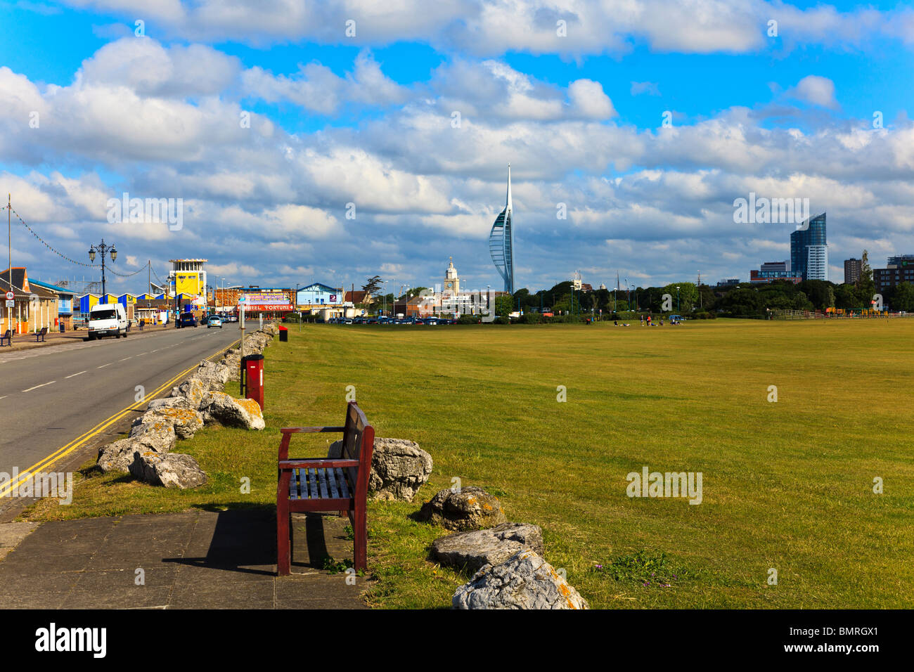 Southsea common with bench and a view of the skyline of Old Portsmouth ...