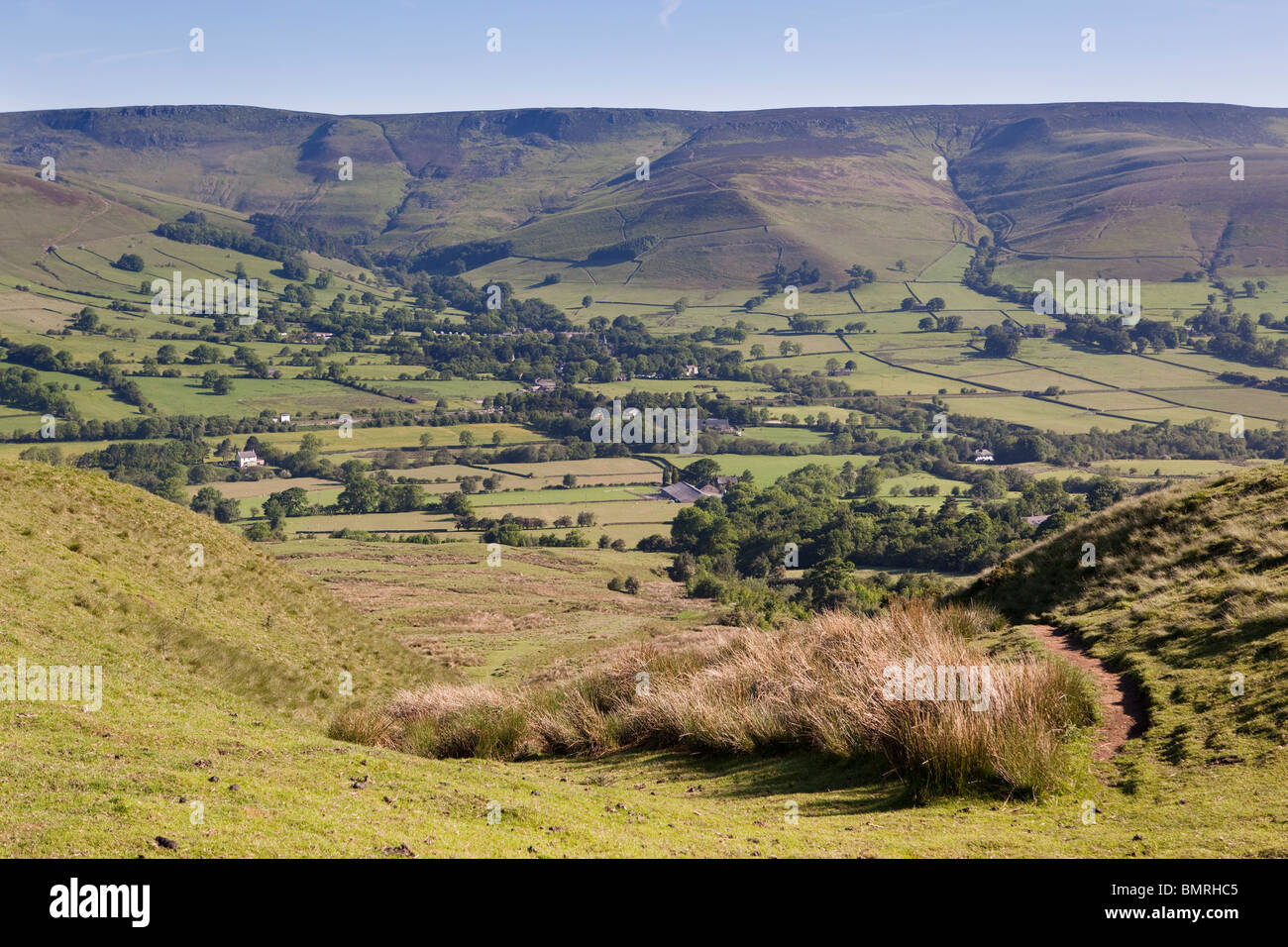 UK, Derbyshire, Vale of Edale below Kinder Scout elevated panoramic ...