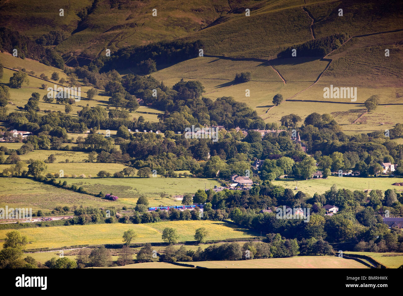 UK, Derbyshire, Vale of Edale, train on Hope Valley line at Edale ...