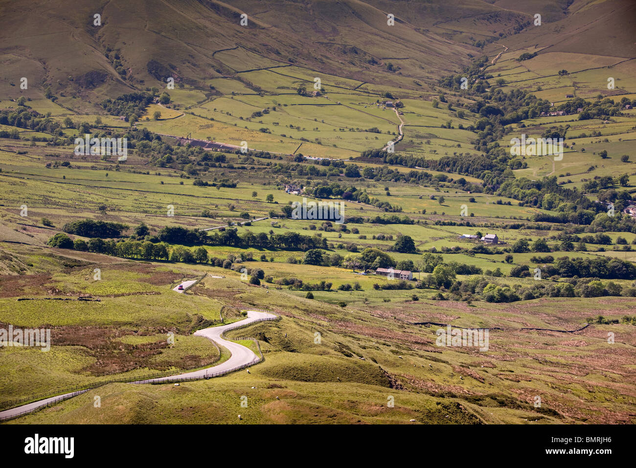 UK, Derbyshire, Vale of Edale, winding road to Barber Booth from Mam ...