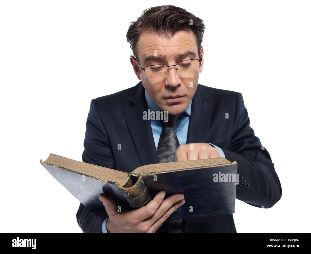 one man caucasian professor teacher teaching reading an ancient book ...